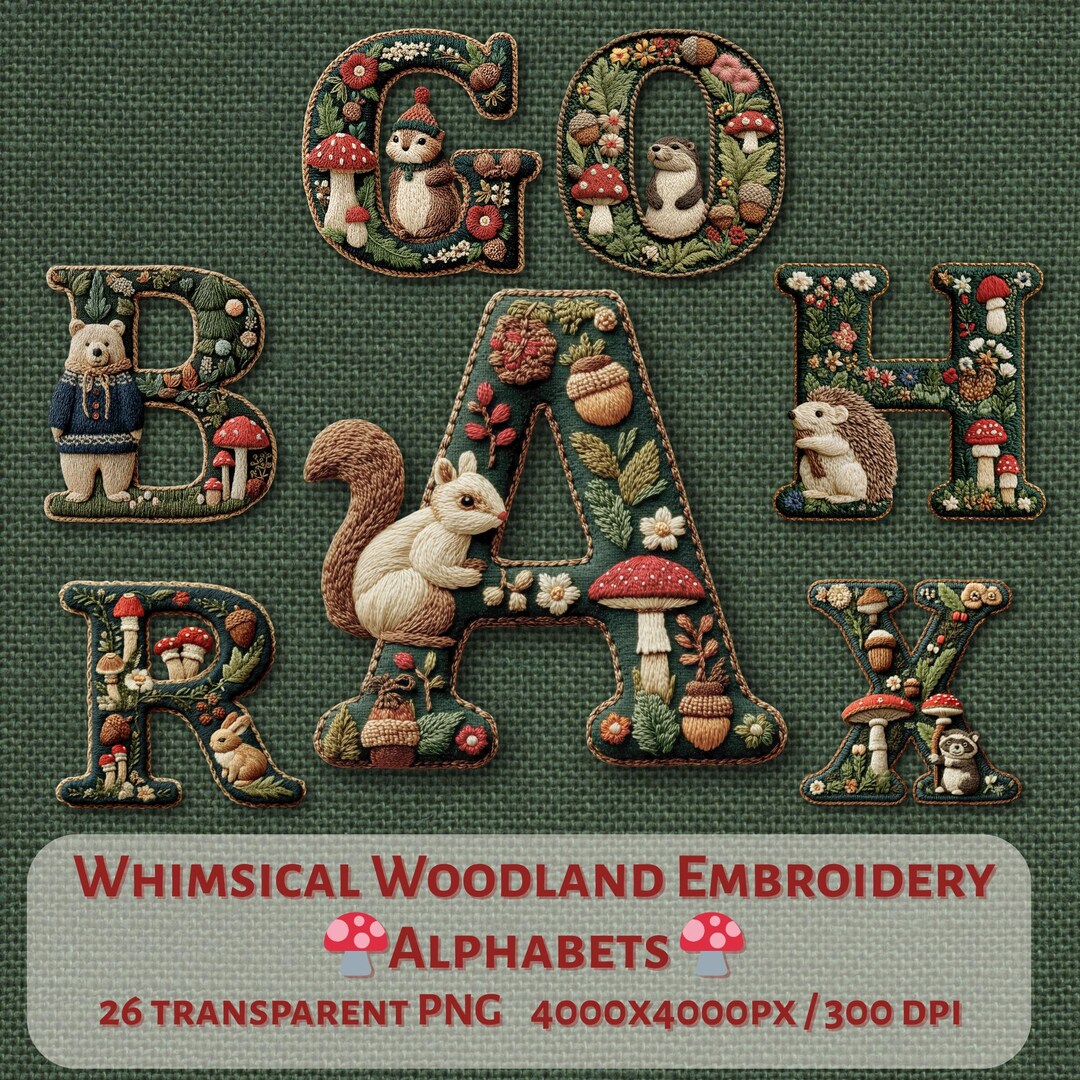 Faux Embroidery Letters PNG Whimsical Woodland Embroidered Alphabet A-Z ...