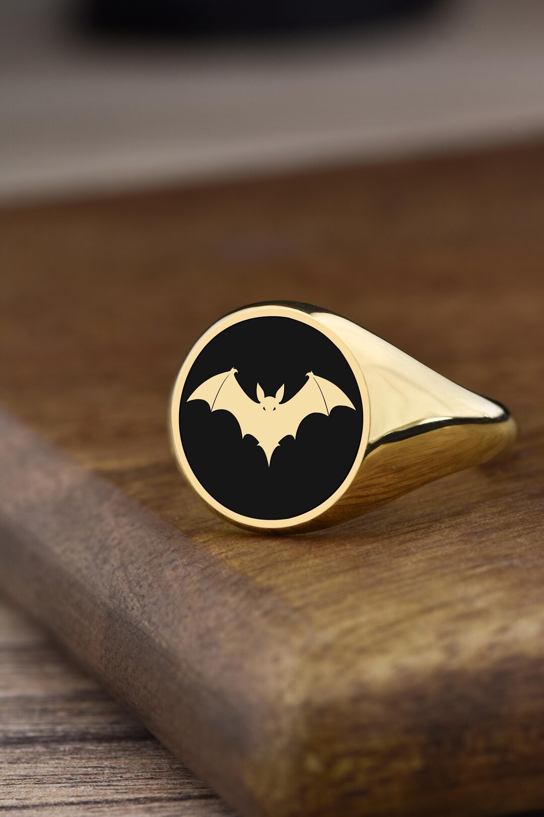 14K Gold Bat Signet Ring, Gothic Animal Charm, Custom Flying Fox Ring ...