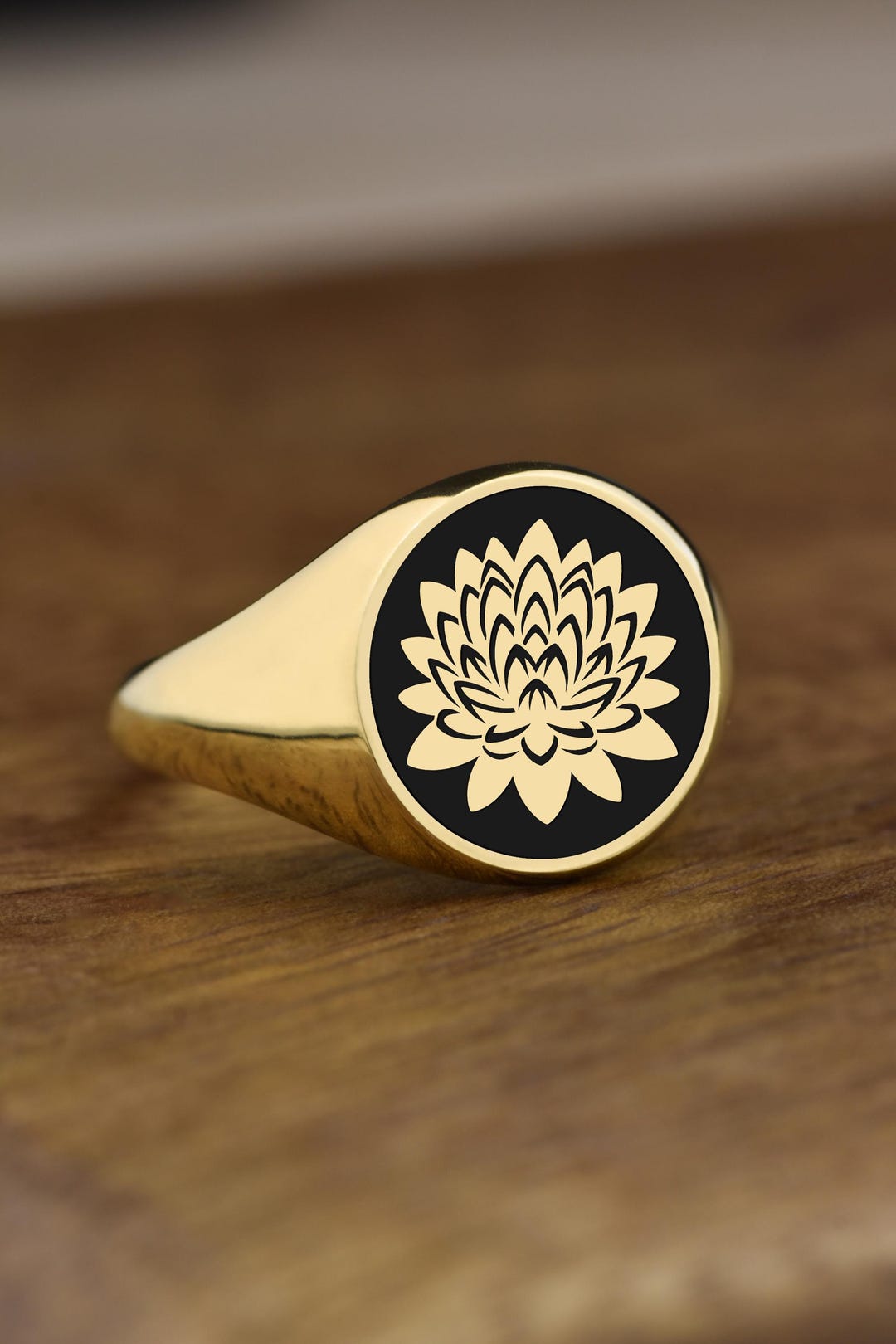 14K Gold Water Lily Signet Ring, Aquatic Flower Black Enamel Ring, July ...