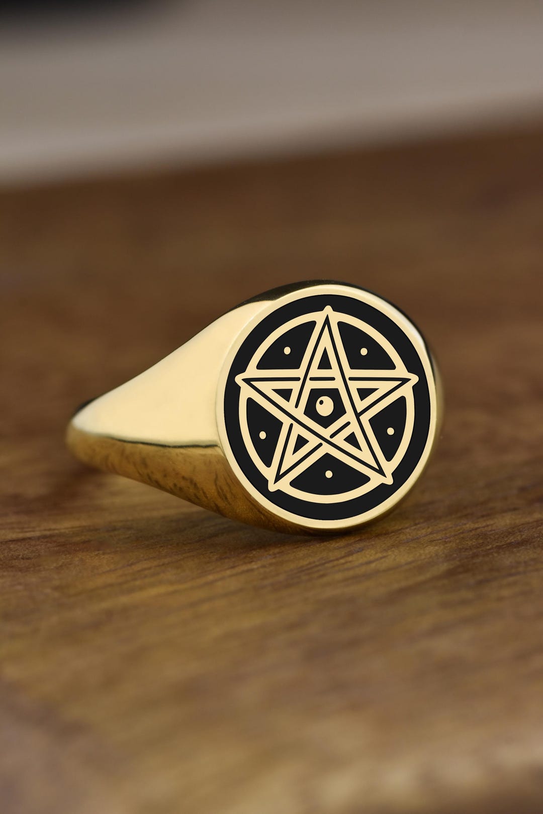 14K Gold Pentagram Signet Ring, Personalized Magic Star Black Enamel ...