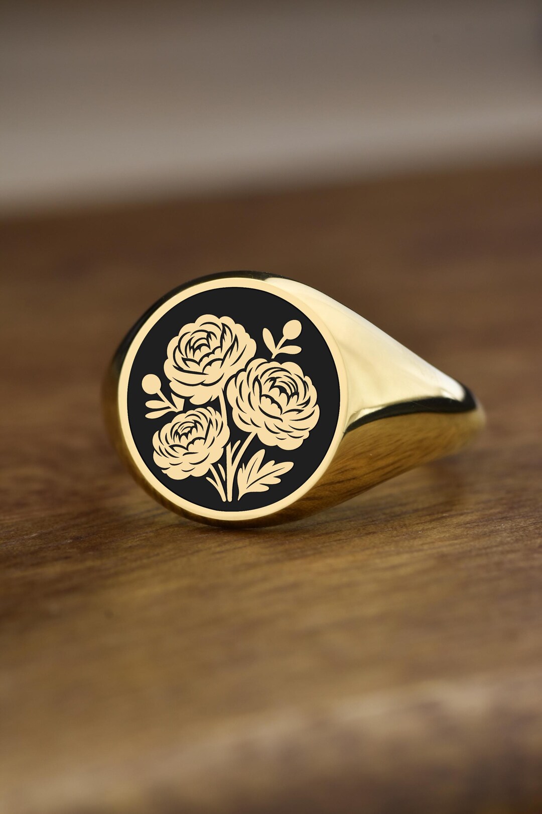 14K Gold Ranunculus Signet Ring, January Birth Flower Signet, Engraved ...