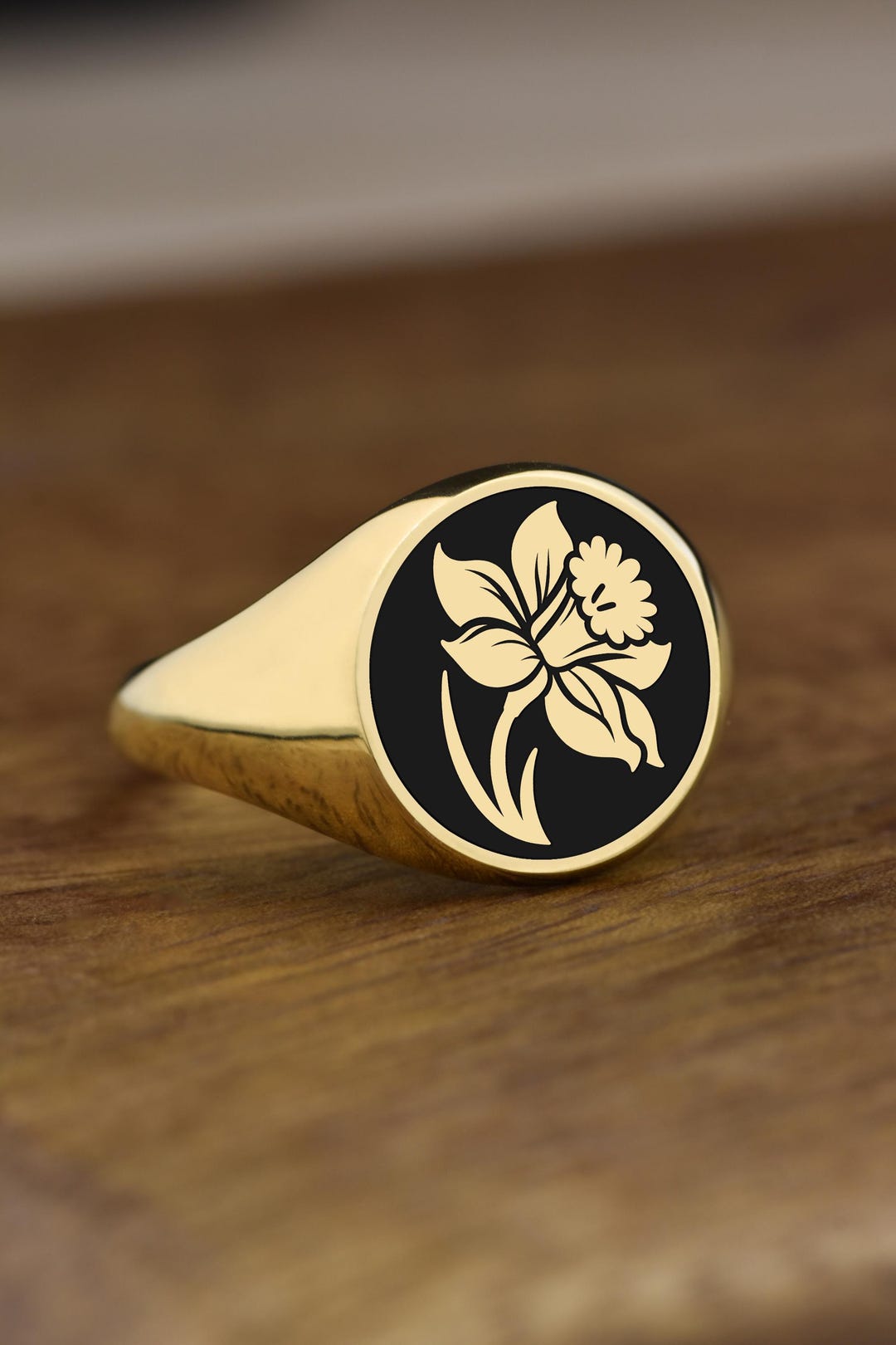 14K Gold Narcissus Signet Ring, Daffodil Signet, Engraved Jonquil ...