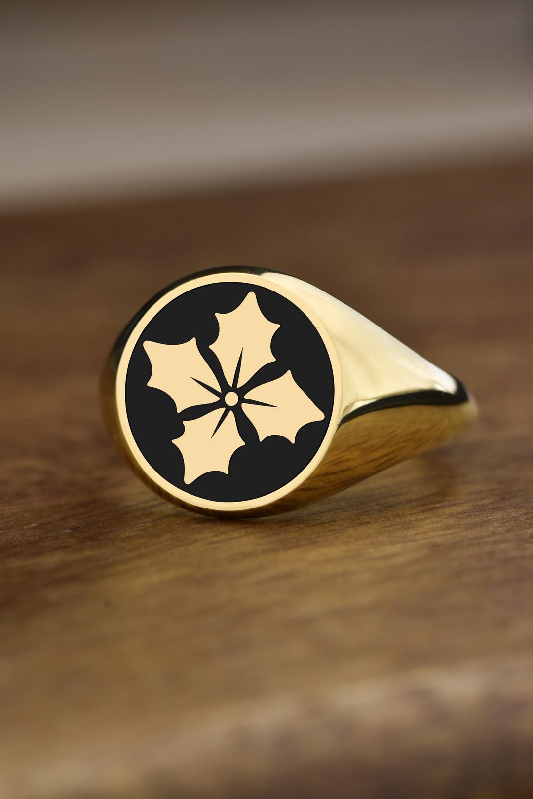 14K Gold Holly Signet Ring, Floral Black Enamel Ring, December Birth ...