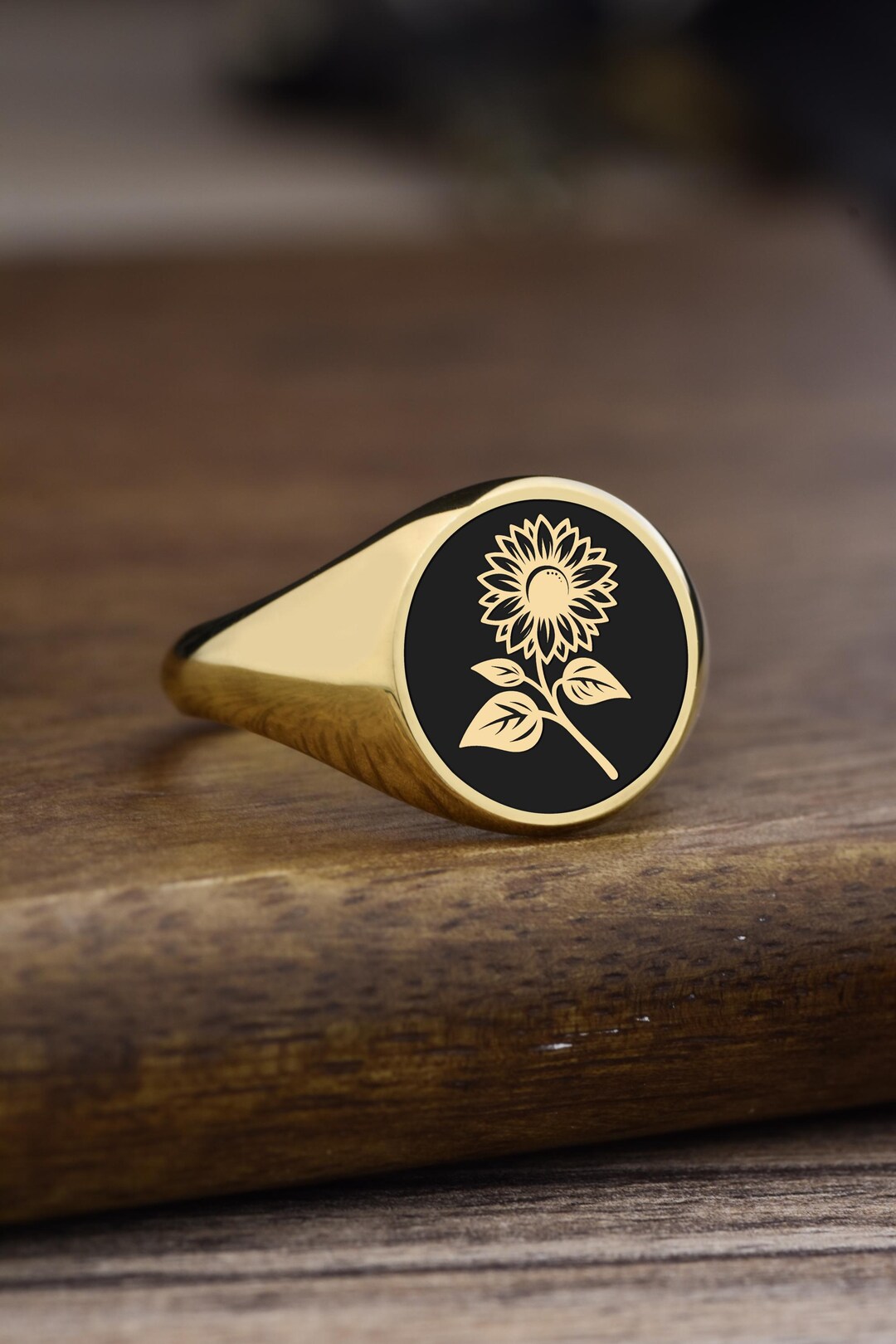 14K Gold Sunflower Signet Ring, Personalized Ray Flowers Enamel Ring ...
