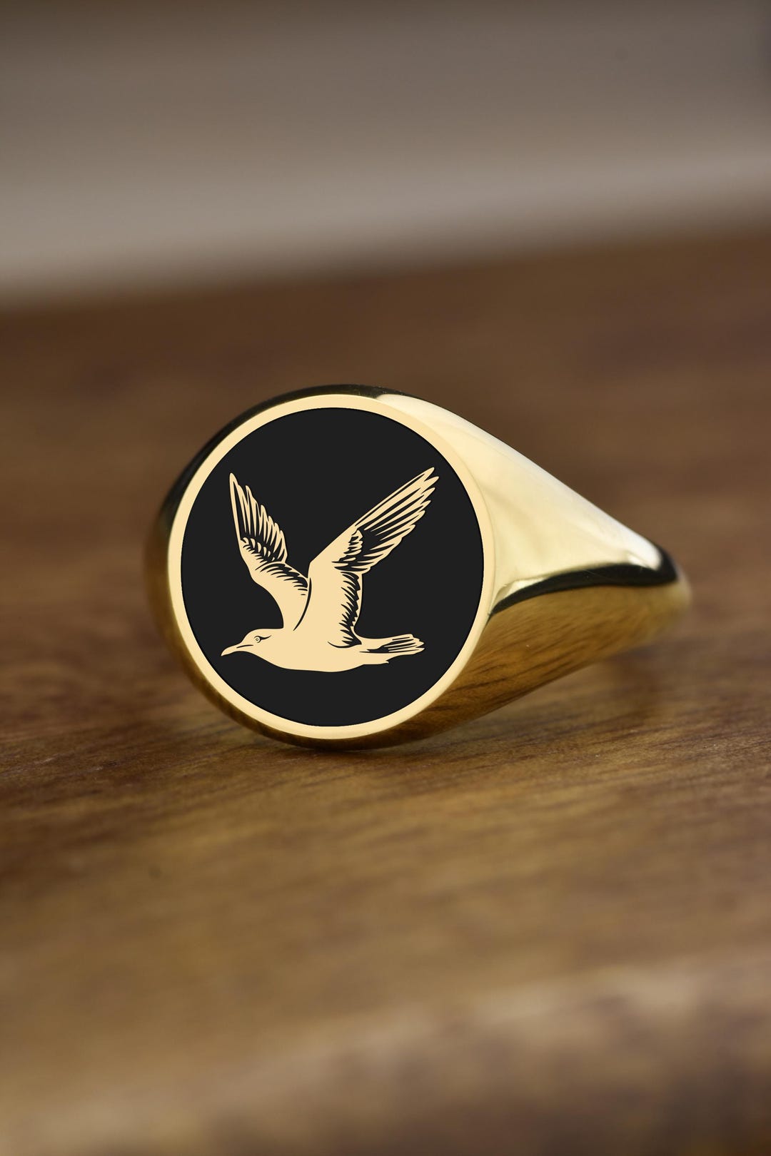 14K Gold Seagull Signet Ring, Engraved Ocean Bird Ring, Marine Charm ...