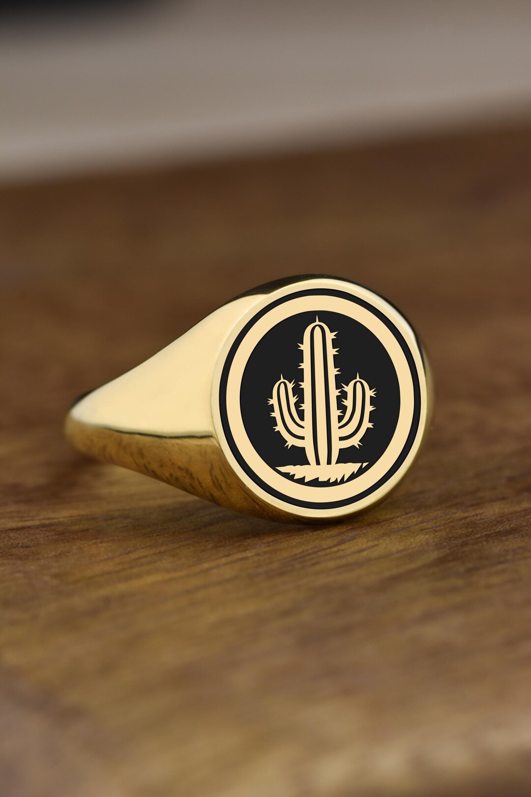 14K Gold Cactus Signet Ring, Desert Plant Enamel Ring, Engraved Saguaro ...