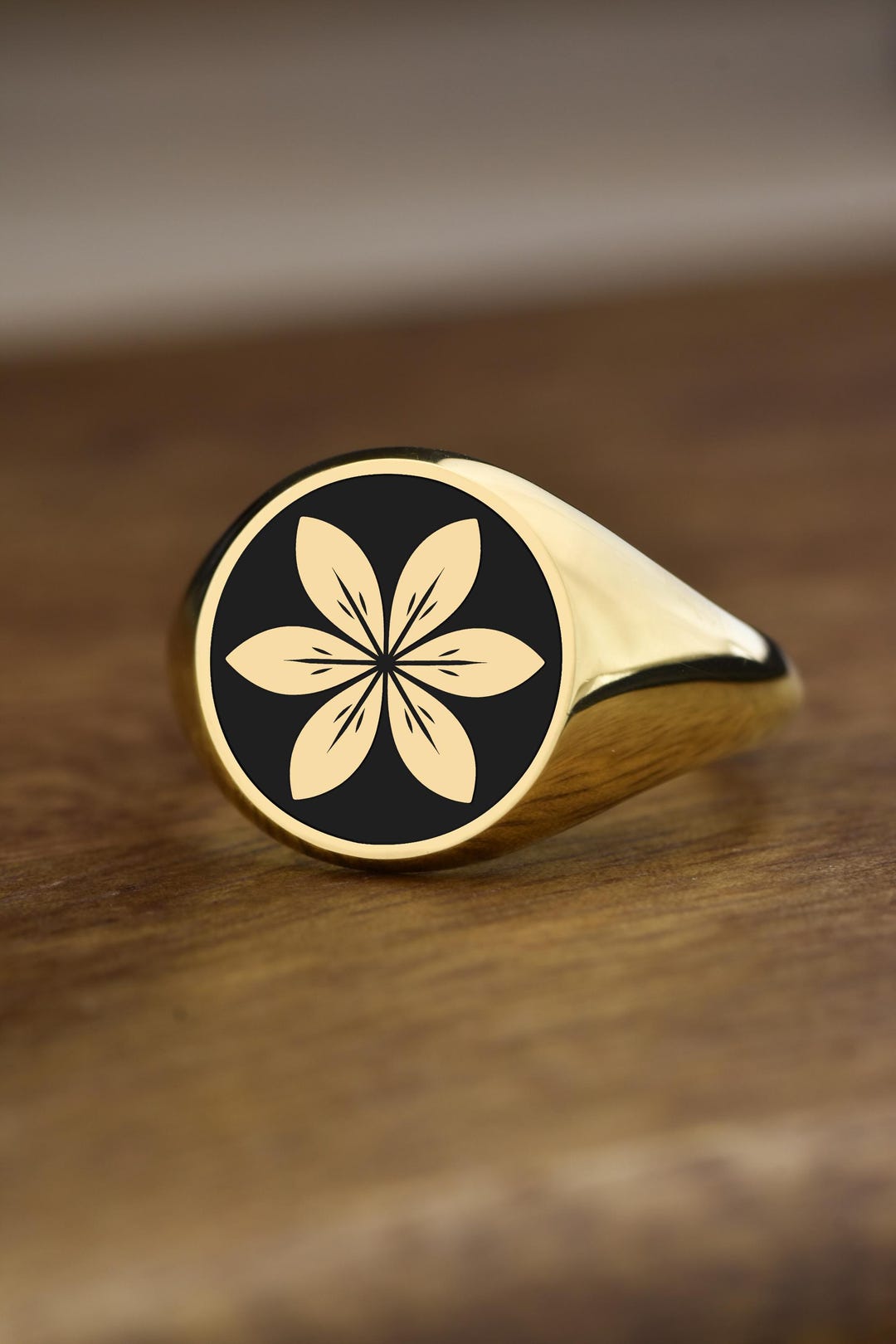 14K Gold Plumeria Signet Ring, Frangipani Black Enamel Ring, Graveyard ...