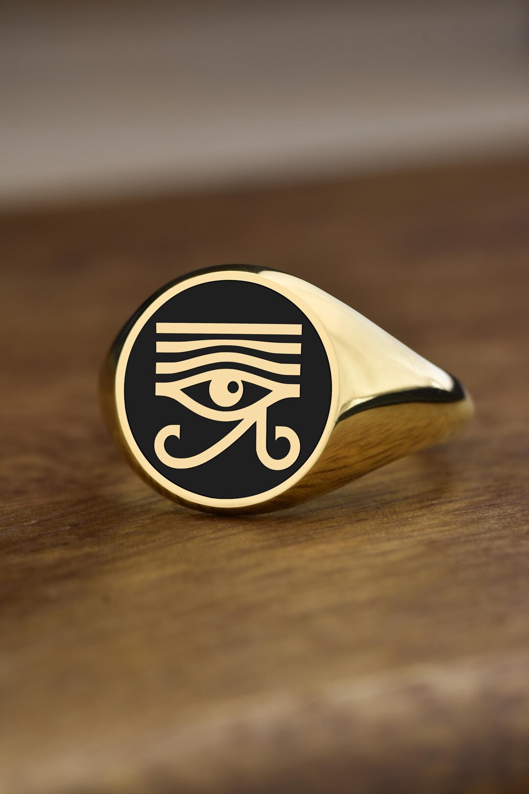 14K Gold Eye of Ra Signet Ring, Wedjat Black Enamel Ring, Eye of Re ...