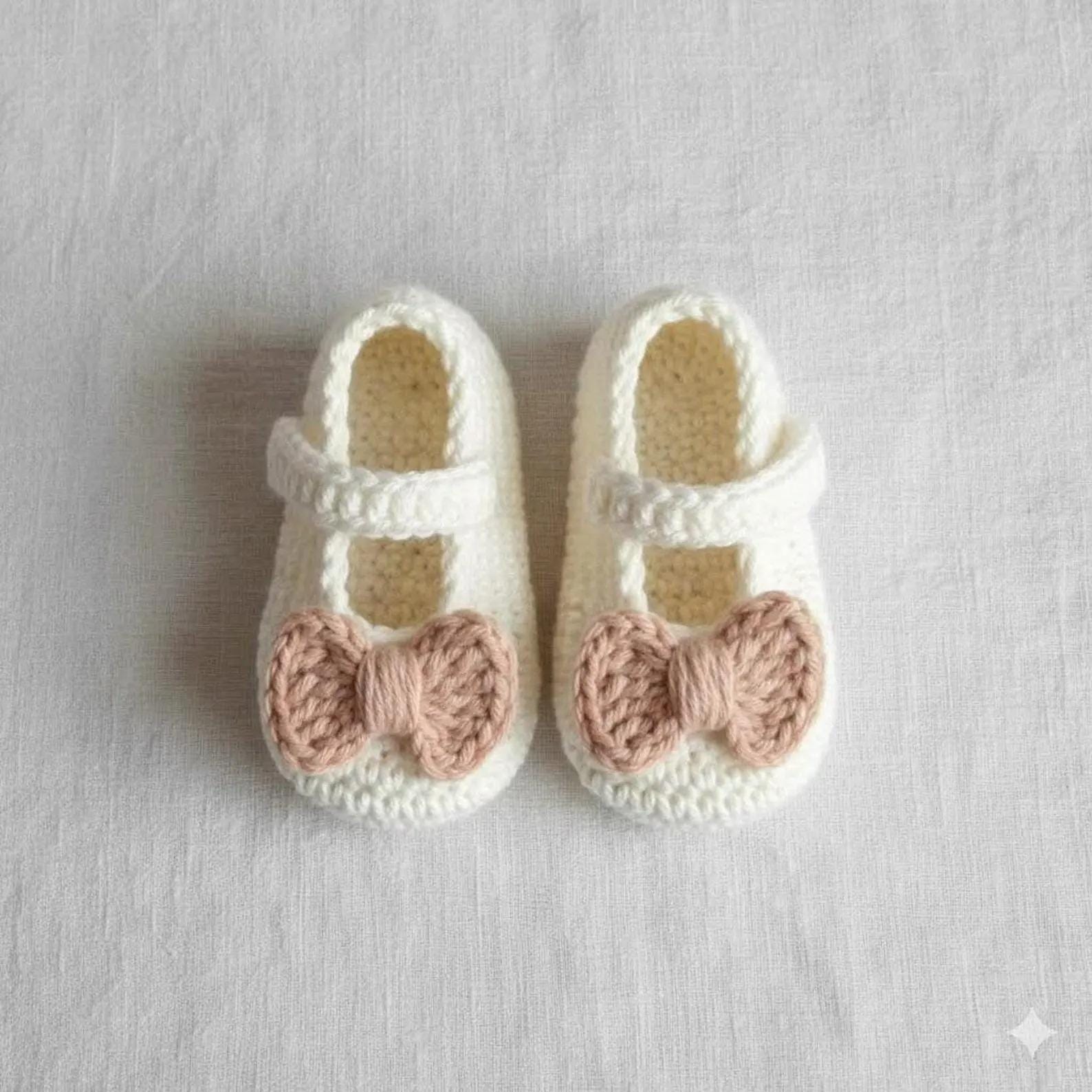 Beige Crochet Baby Booties With Brown Bow | Handmade Newborn Shoes ...