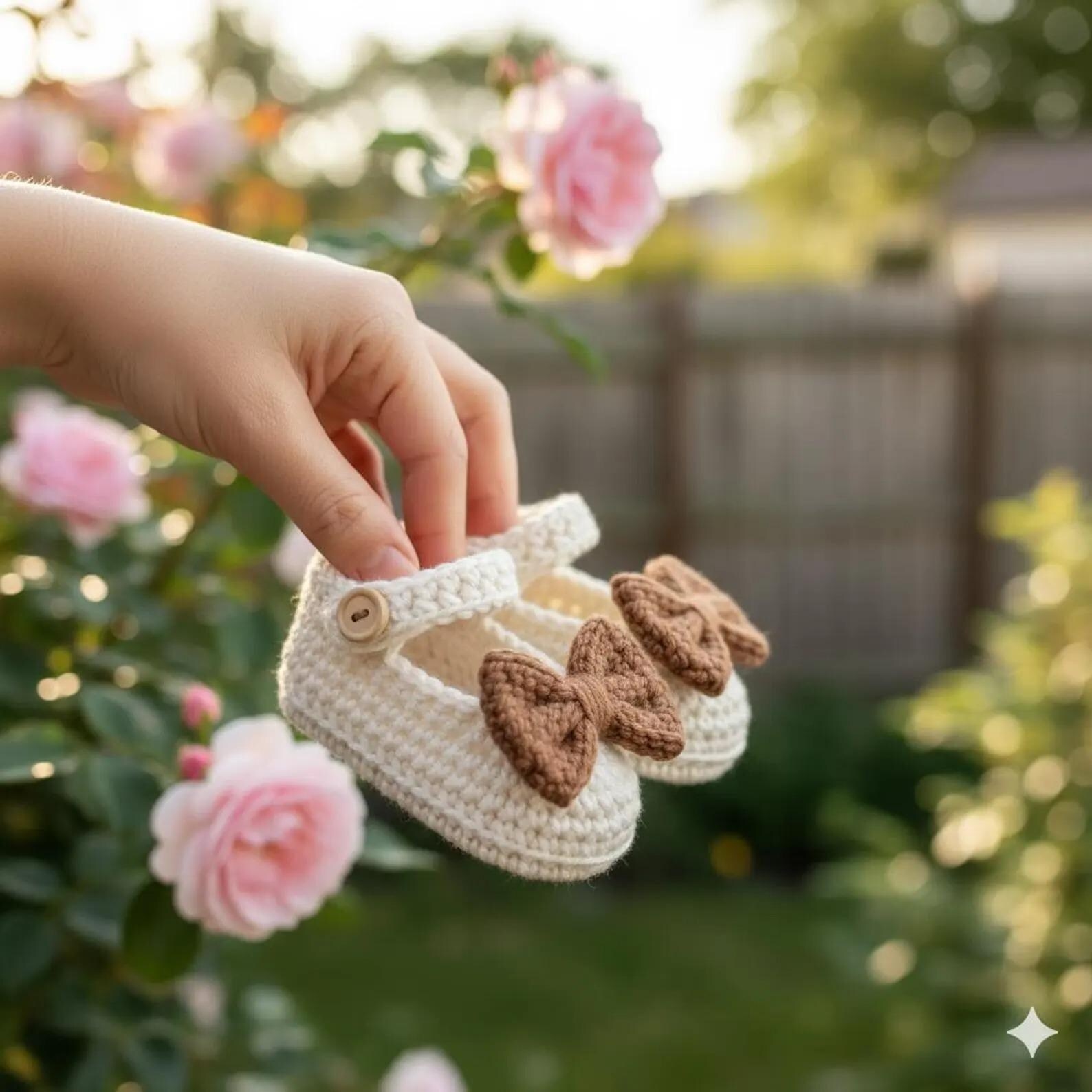 Beige Crochet Baby Booties With Brown Bow | Handmade Newborn Shoes ...