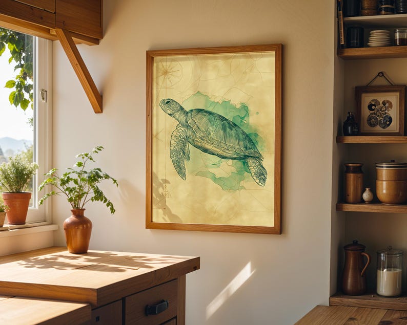 Vintage Sea Turtle Wall Art, Nautical Map Print, Ocean Animal ...