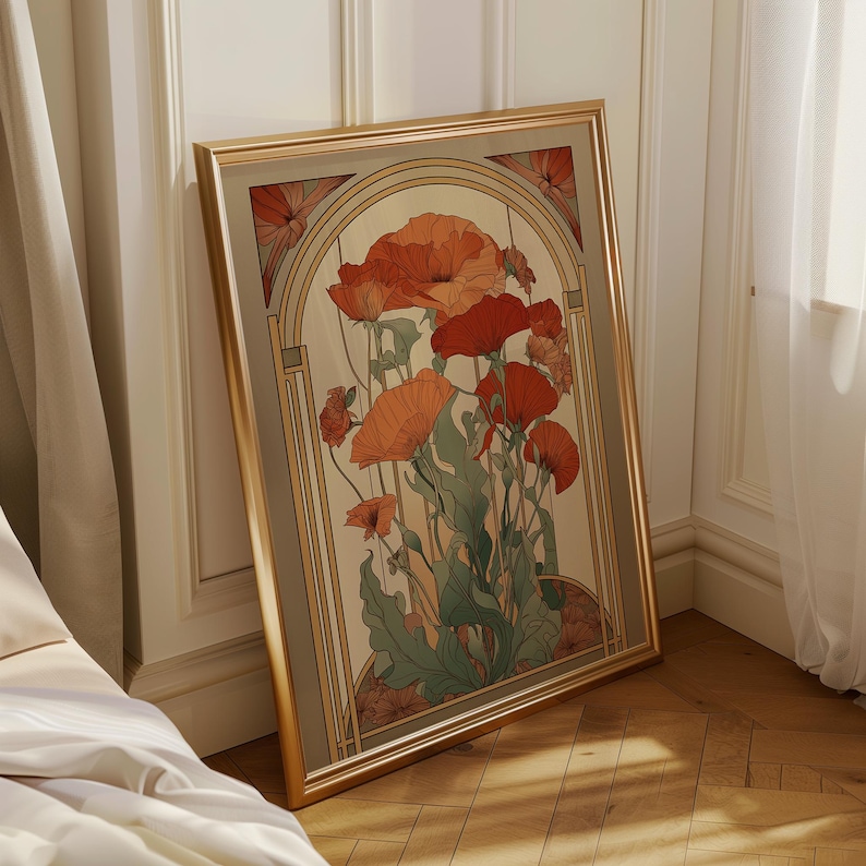 Art Nouveau Poppy Wall Art, Vintage Floral Botanical Print, Orange ...