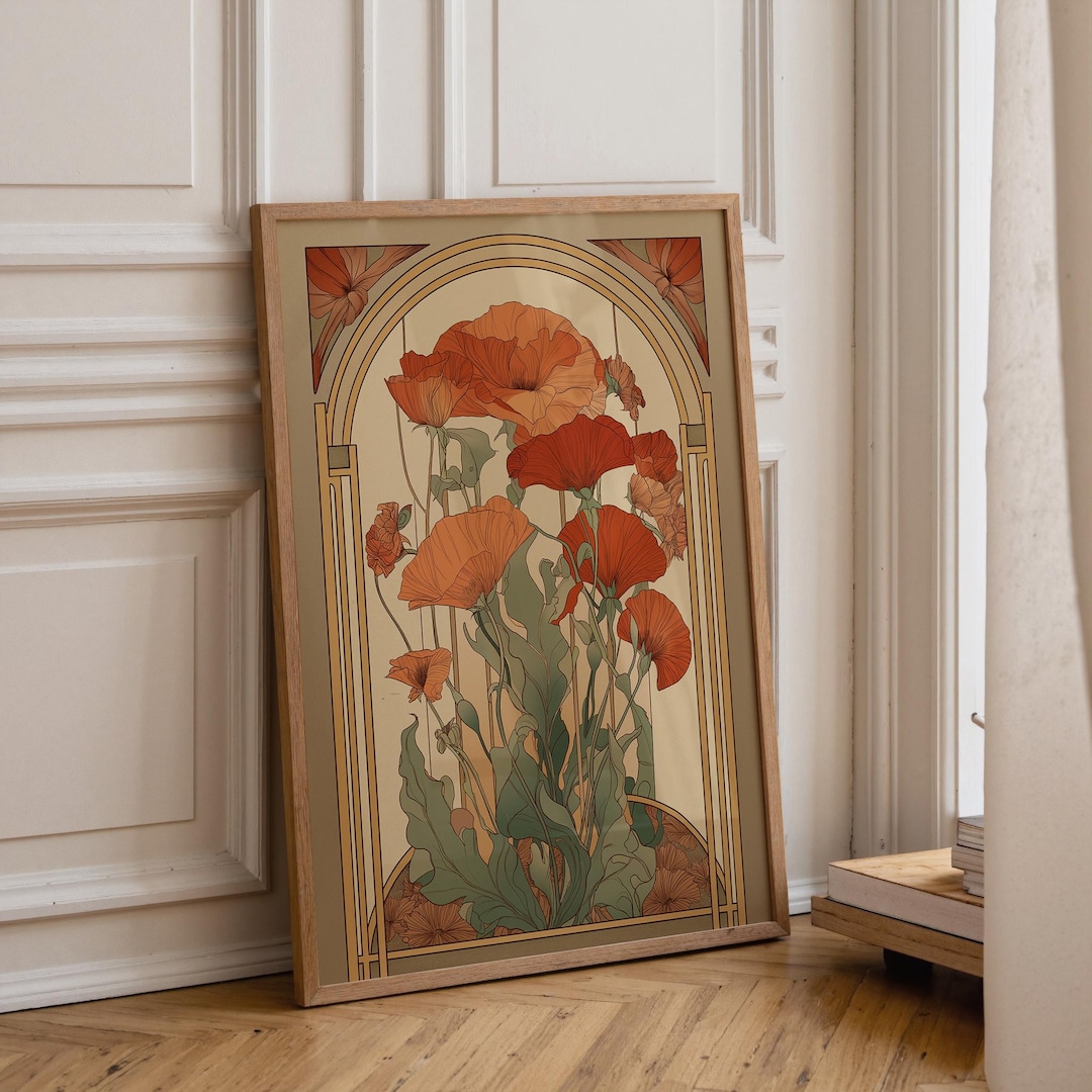 Art Nouveau Poppy Wall Art, Vintage Floral Botanical Print, Orange ...