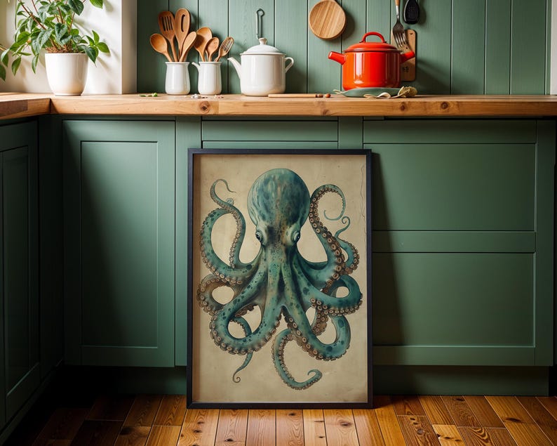 Vintage Octopus Wall Art Print, Nautical Coastal Décor, Teal Antique ...