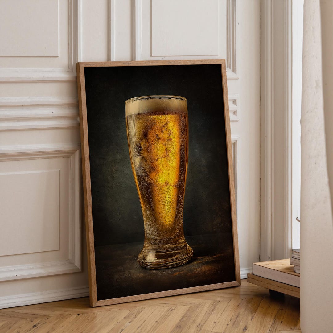 Golden Beer Art Print | Modern Bar Wall Décor | Realistic Beer Glass ...