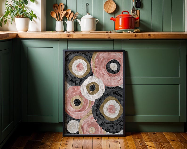 Pink Black Mosaic Abstract Art Print, Mid Century Modern Geometric ...