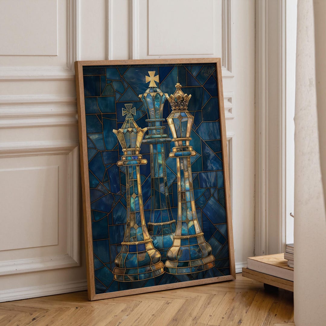 Lámina de ajedrez azul para pared, póster de rey y reina azul patinado ...
