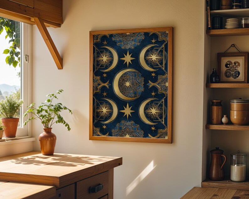 Islamic Crescent Moon Art, Celestial Ramadan Eid Decor, Blue Gold Print ...