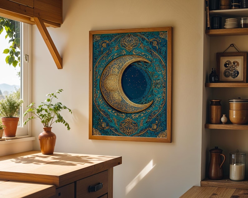 Islamic Crescent Moon Art, Gold Blue Arabic Pattern Print, Ramadan Boho ...