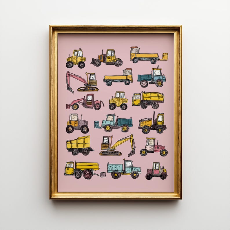 Construction Nursery Art Print, Pink Kids Digger Truck Poster, Toddler ...