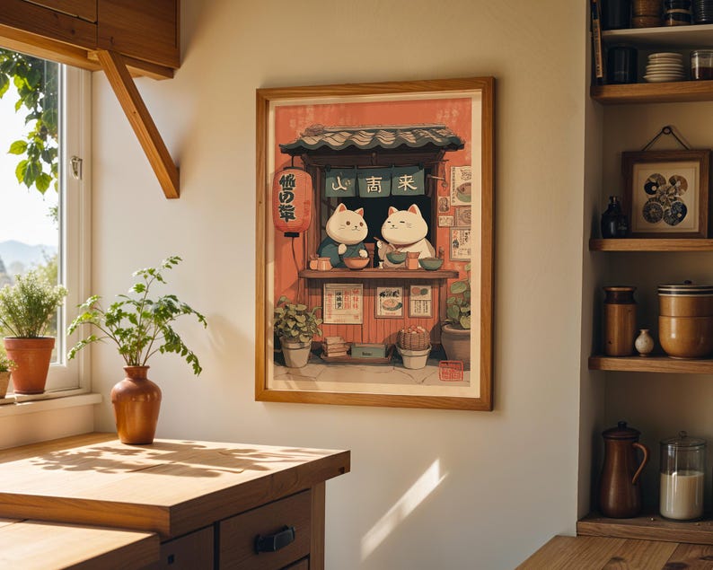 Japanese Ramen Cat Print, Kawaii Anime Street Food Poster, Cozy Cat ...