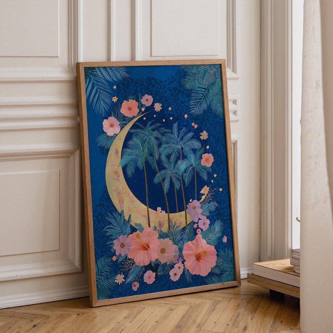 Blue Palm Tree Moon Wall Art, Celestial Tropical Botanical Print, Boho ...