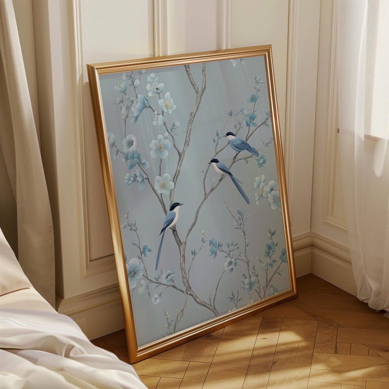 Chinoiserie Bird Print, Blue Floral Botanical Wall Art, Asian Inspired ...