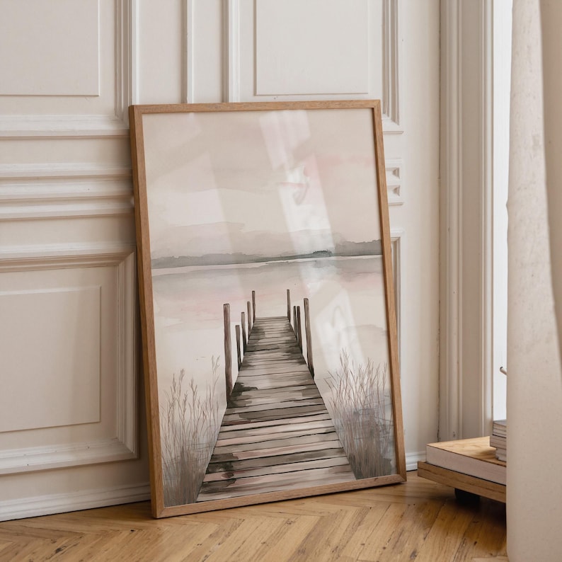 Lake Dock Wall Art, Neutral Pier Landscape Print, Rustic Lake House ...