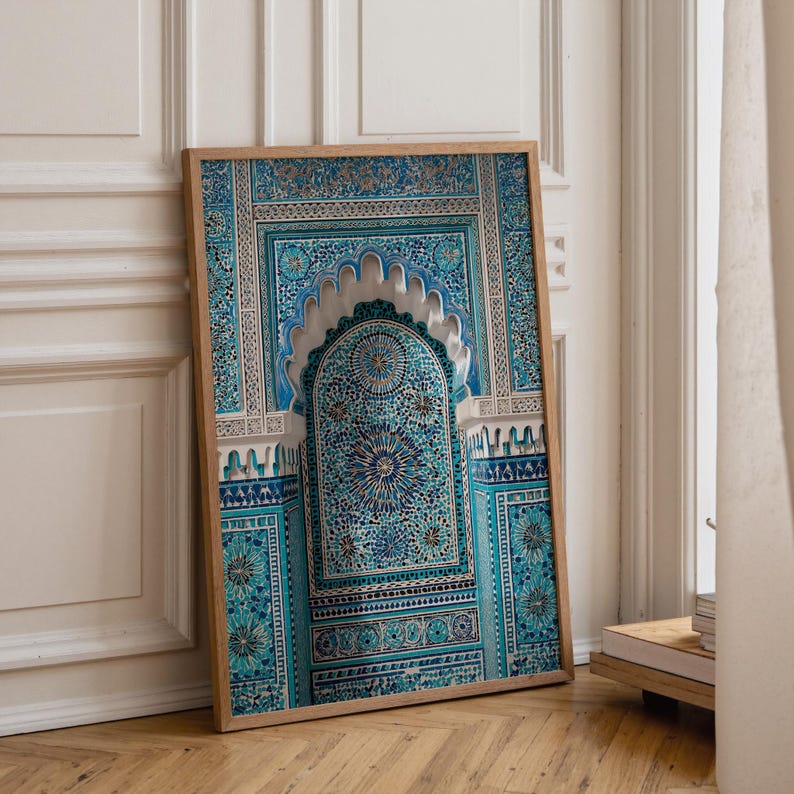 Moroccan Tile Wall Art, Blue Mosaic Arch Print, Moorish Architecture ...