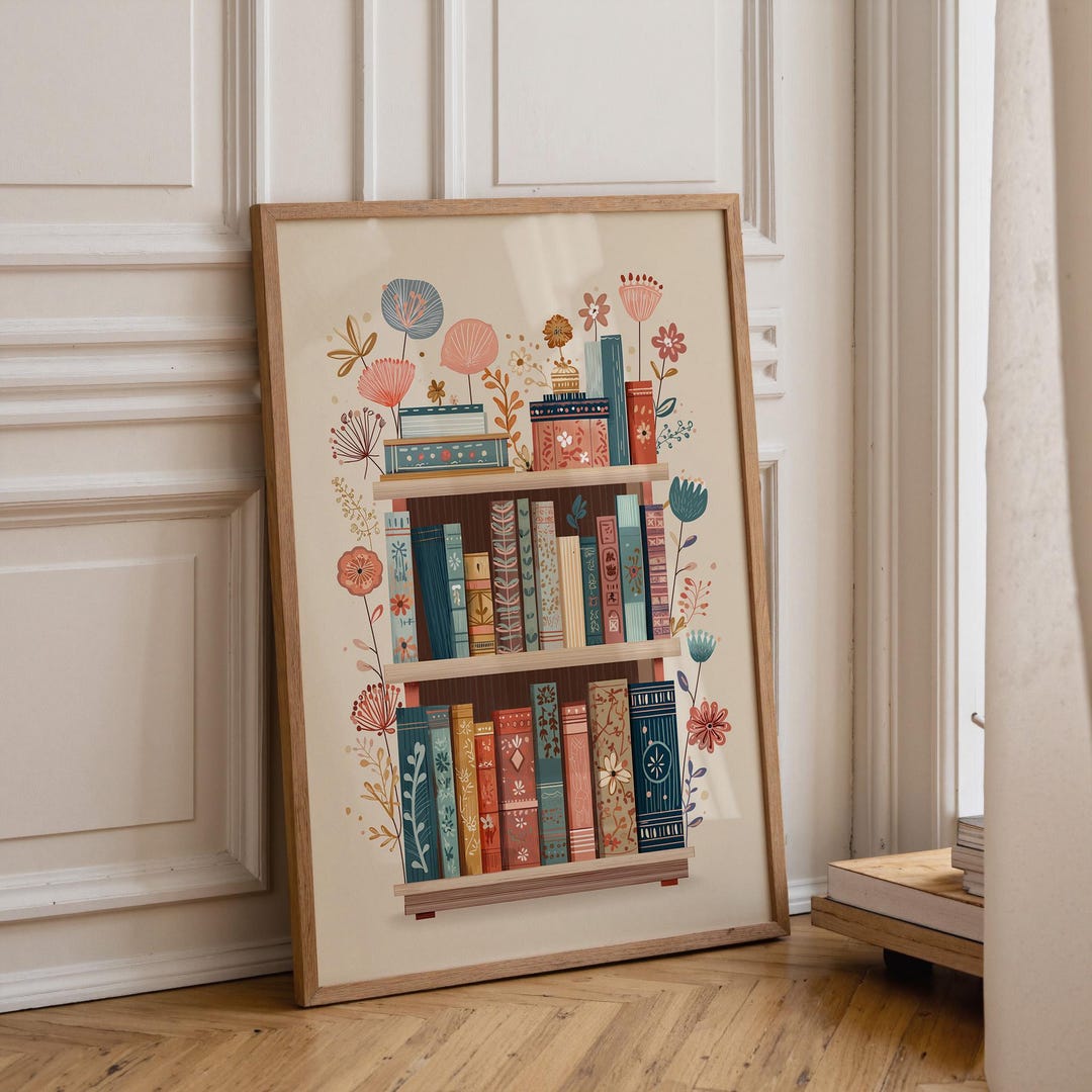 Floral Bookshelf Art Print • Botanical Book Lover Décor • Whimsical ...