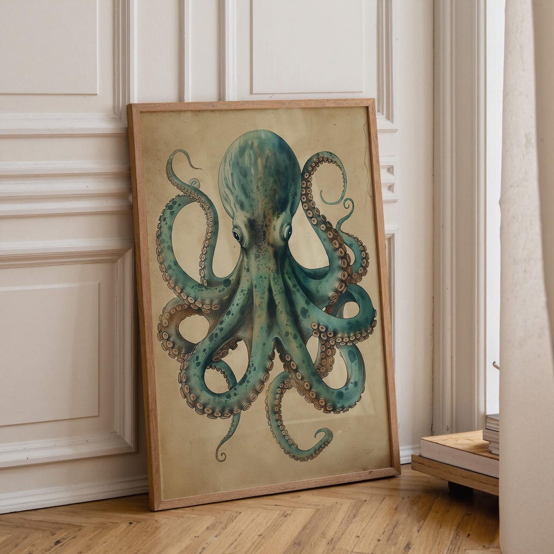 Vintage Octopus Wall Art Print, Nautical Coastal Décor, Teal Antique ...