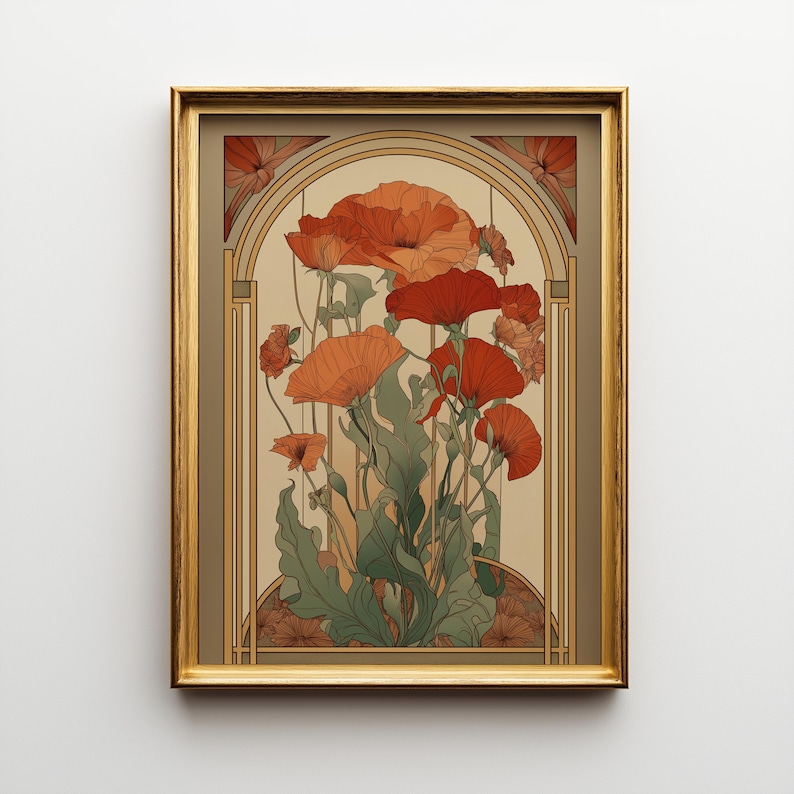 Art Nouveau Poppy Wall Art, Vintage Floral Botanical Print, Orange ...