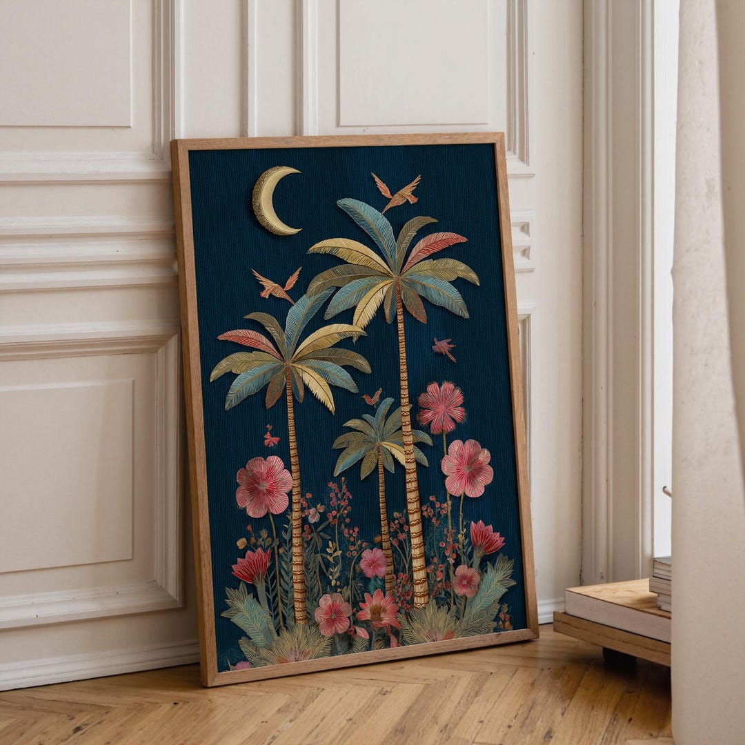 Palm Tree Moon Wall Art, Tropical Floral Botanical Print, Boho Night ...