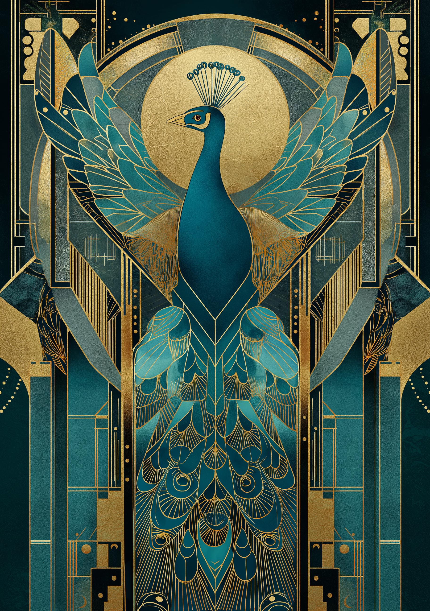 Art Deco Peacock Wall Art | Teal and Gold Elegant Bird Print | Vintage ...