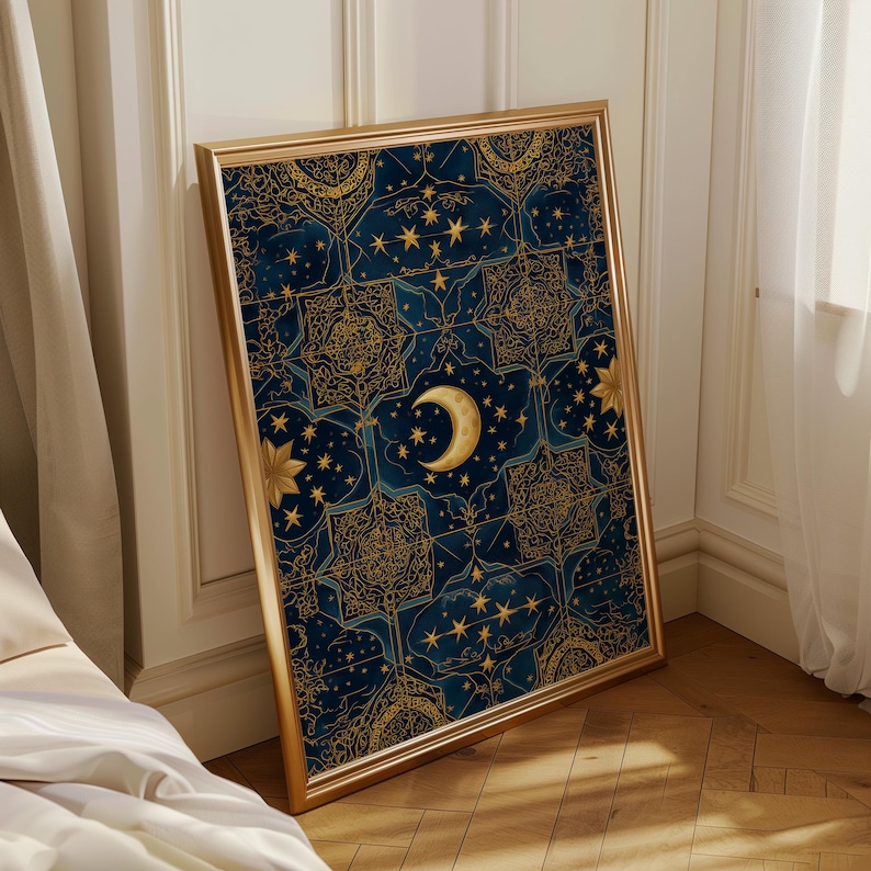 Islamic Star Moon Wall Art, Blue Gold Arabic Pattern Print, Celestial ...