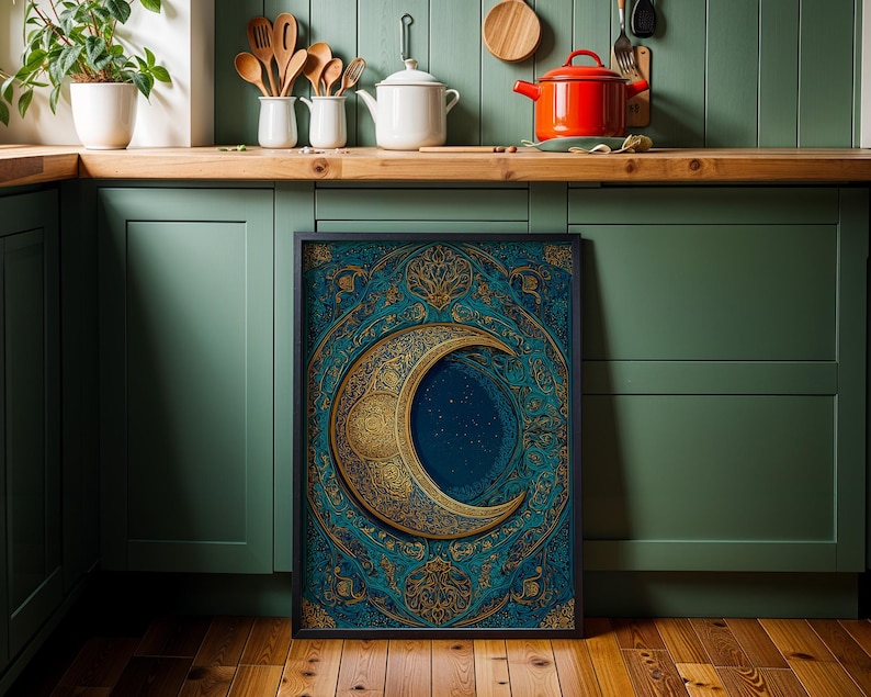 Islamic Crescent Moon Art, Gold Blue Arabic Pattern Print, Ramadan Boho ...