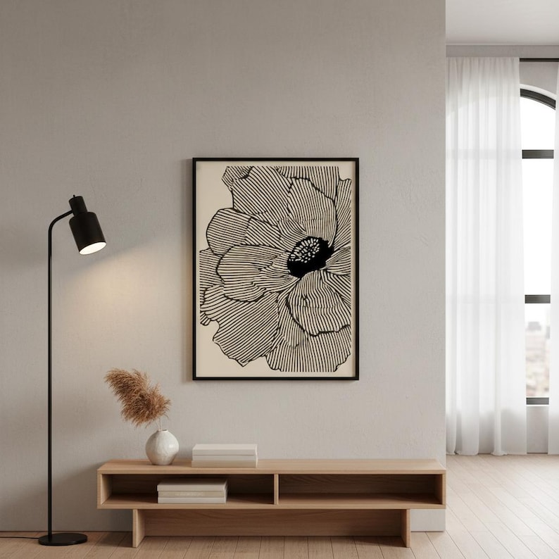 Black Line Art Poppy Flower Poster Beige Background Minimalist Floral ...