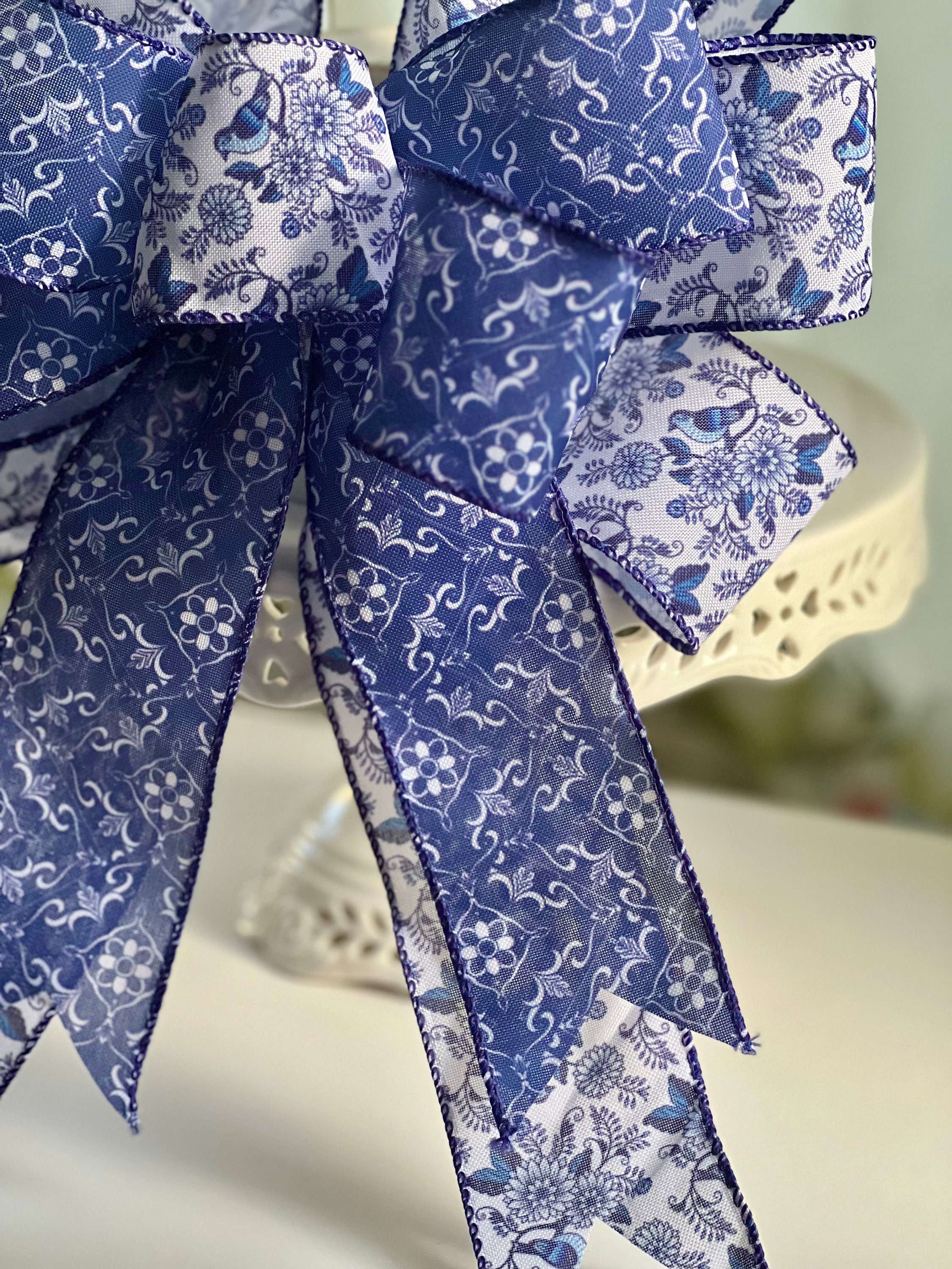 Elegant Blue and White Chinoiserie Bow, Handcrafted Large Bow With Bird ...