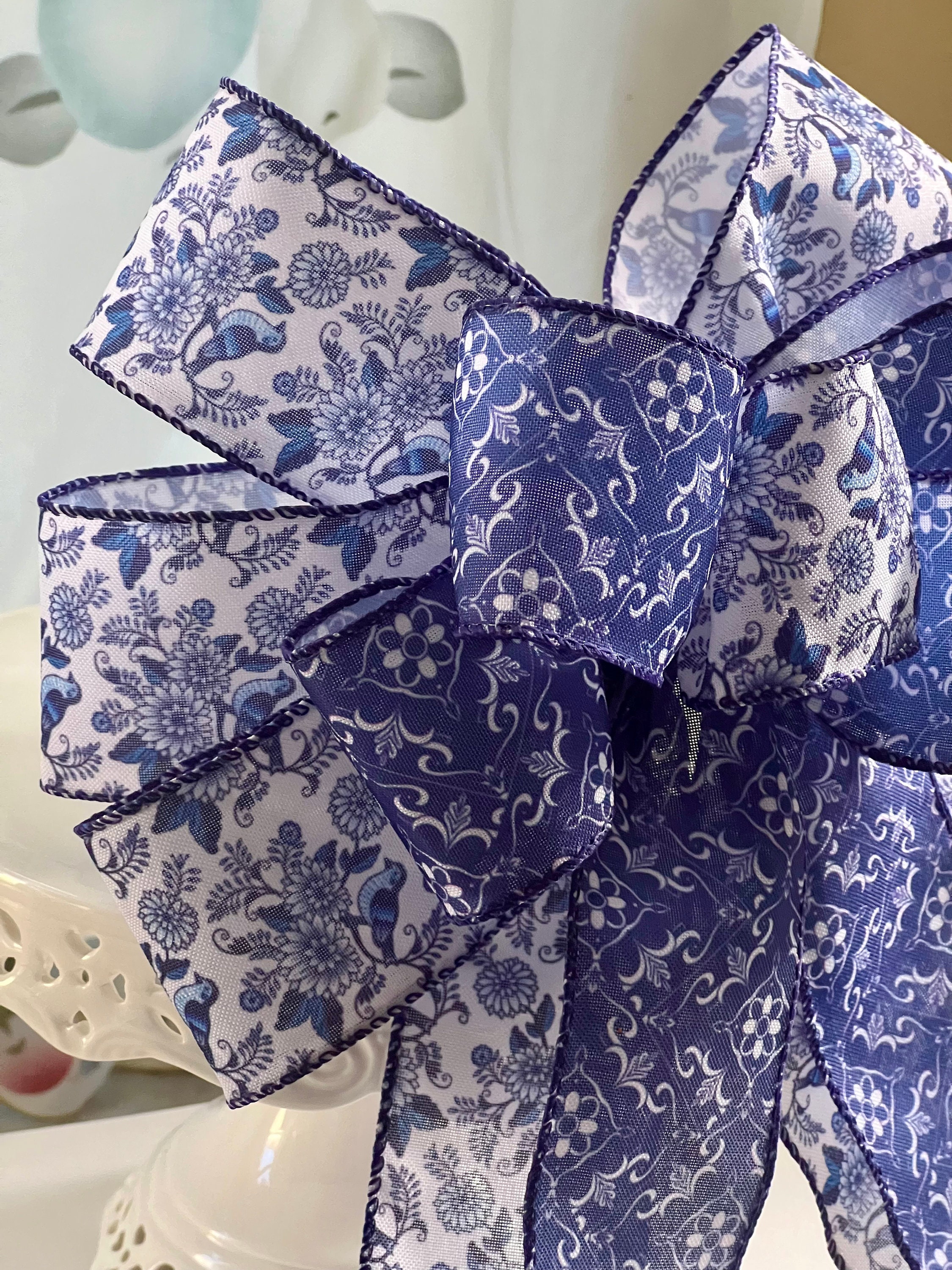Elegant Blue and White Chinoiserie Bow, Handcrafted Large Bow With Bird ...