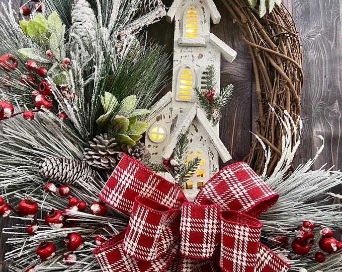 Joyful Winter Light up Church Wreath, Rustic Christmas Front Door Decor ...