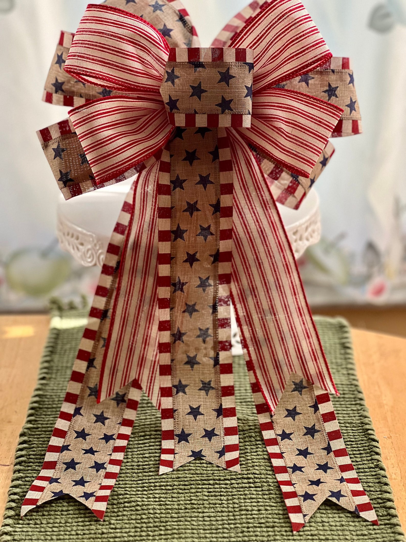 Patriotic Wreath Bow With Red and White Stripes and Blue Stars, Rustic ...