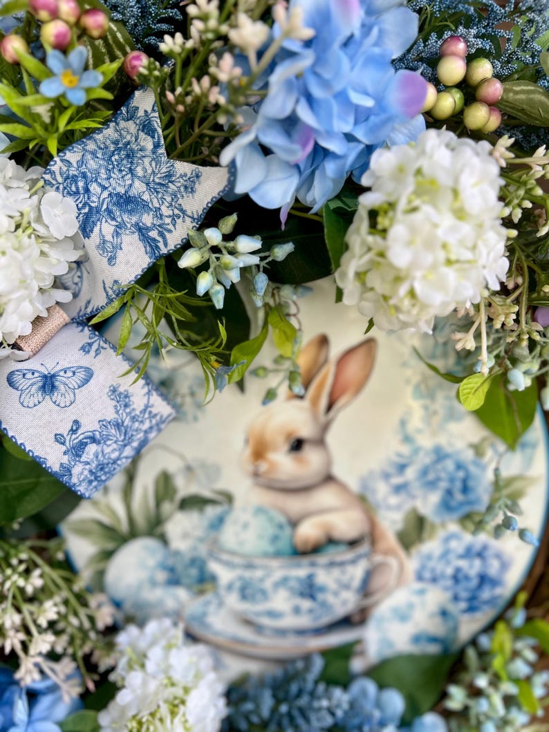 Easter Bunny Door Wreath: Blue Hydrangea & Teacup Spring Decor - Etsy