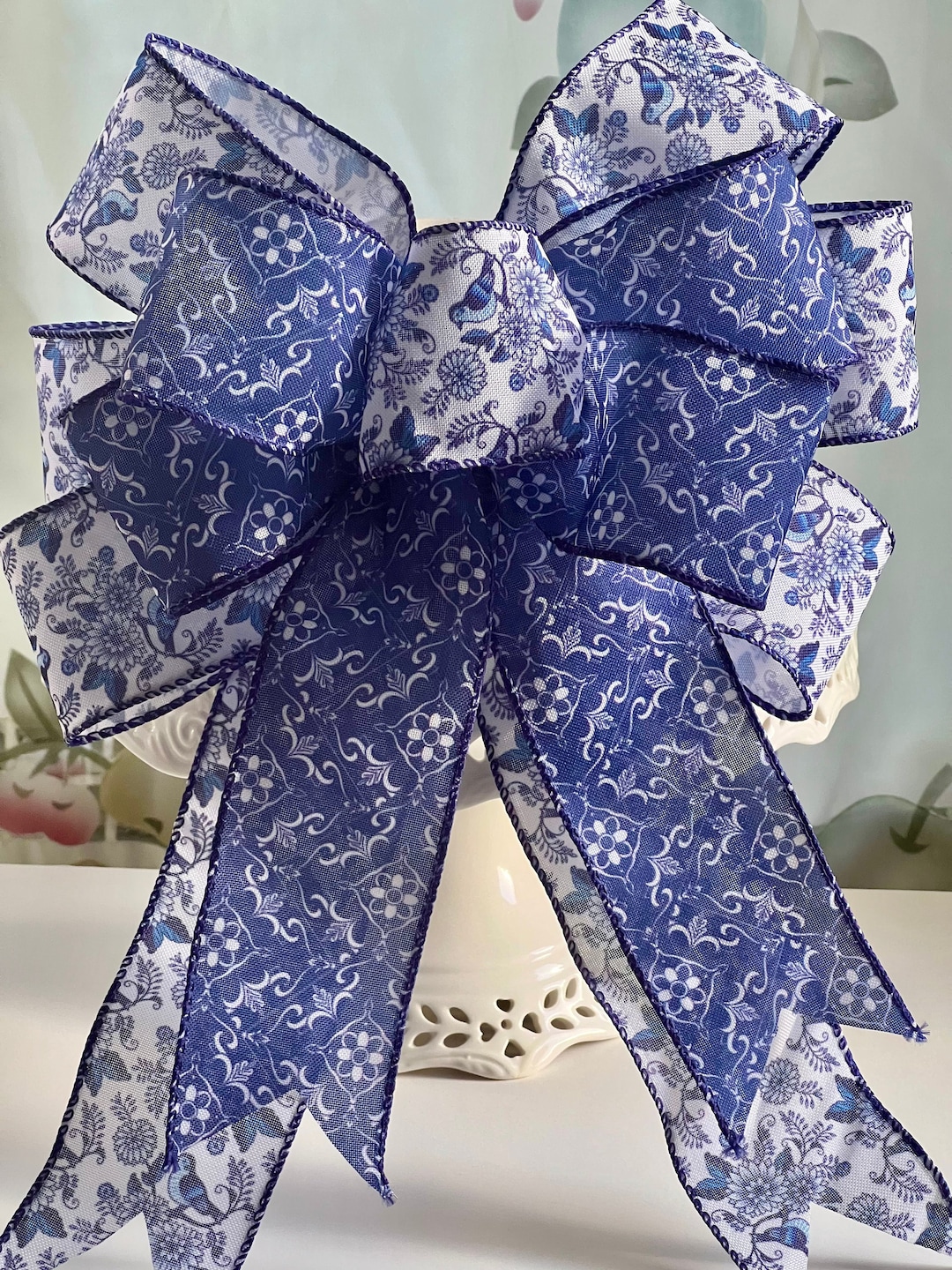 Elegant Blue and White Chinoiserie Bow, Handcrafted Large Bow With Bird ...