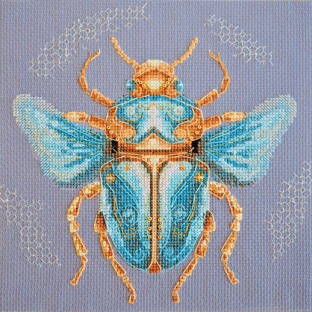 Beetle Cross Stitch Kit, Turquoise Insect Embroidery DIY, Vintage ...