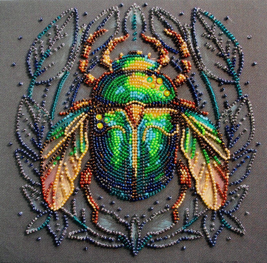 Bead Embroidery Kit Emerald Beetle, Insect Embroidery DIY Beaded Set ...