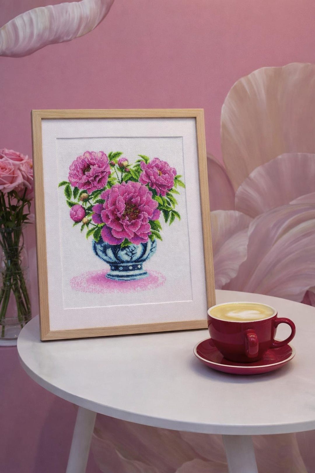 Cross Stitch Kit Peony Flowers Embroidery Kit Pink Floral Needlepoint ...