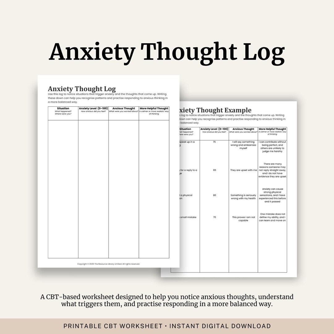 Anxiety Thought Log Worksheet | CBT Therapy Tool (printable PDF) - Etsy