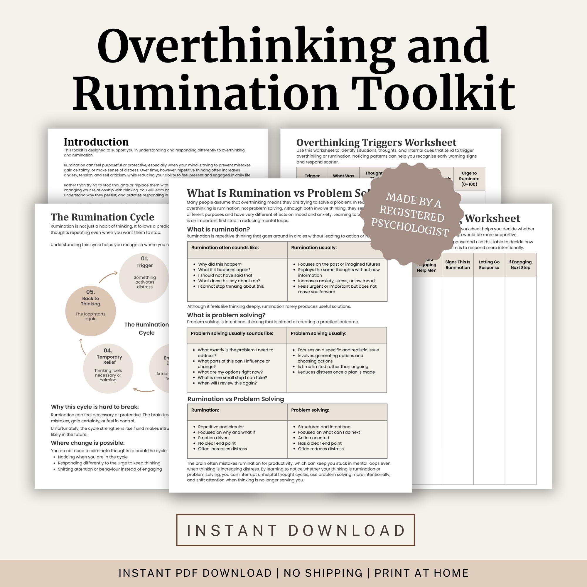 Overthinking & Rumination Toolkit | CBT Worksheets for Anxiety and ...