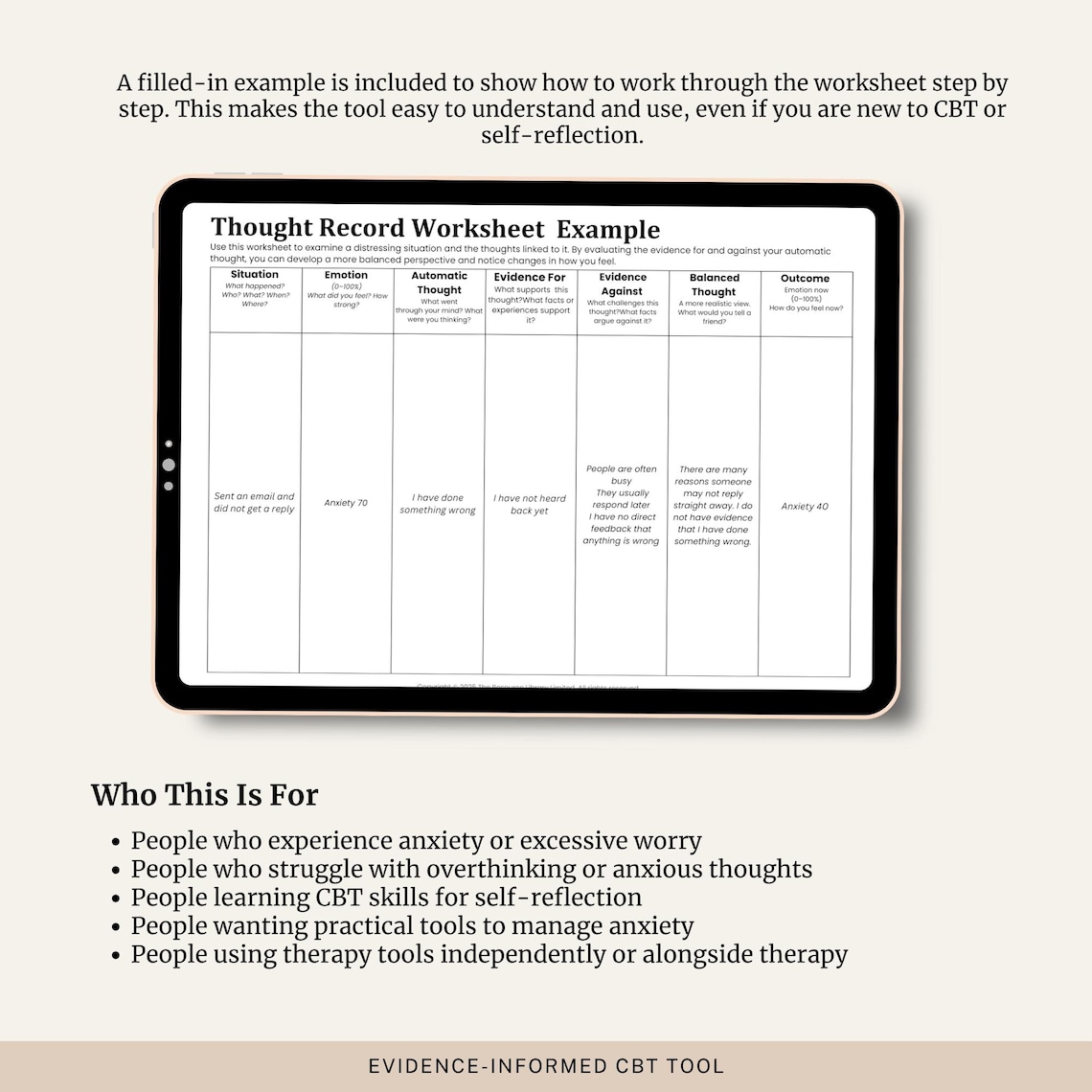 Challenging Anxious Thoughts Worksheet | CBT Anxiety Tool | Thought ...