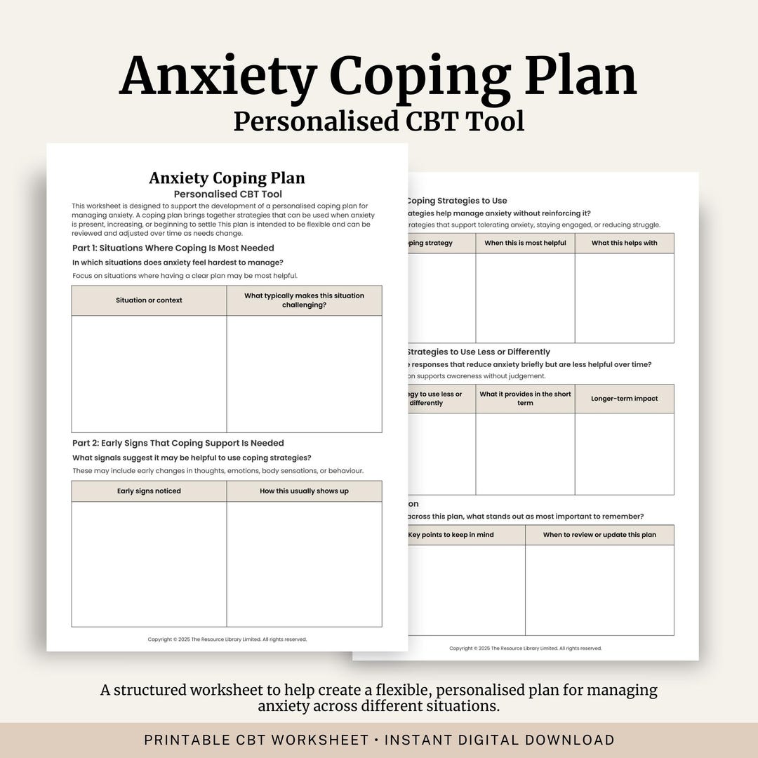 Anxiety Coping Plan Worksheet | CBT Therapy Tool (printable PDF A4 Size ...